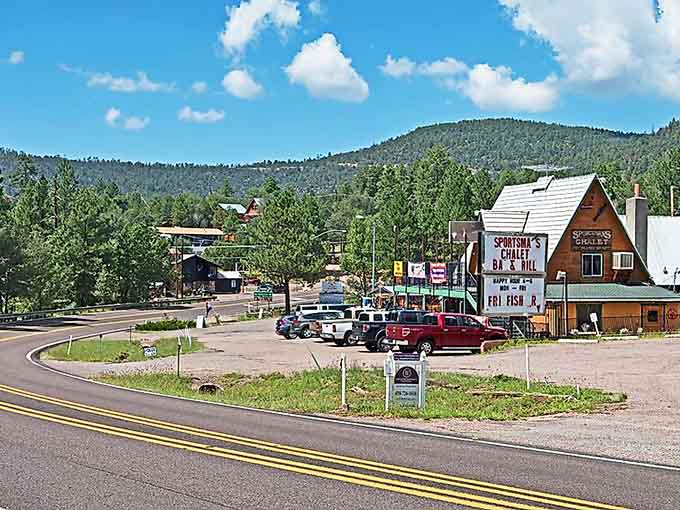 Mountain highway curves through tall pines leading to tiny communities where quiet is golden.