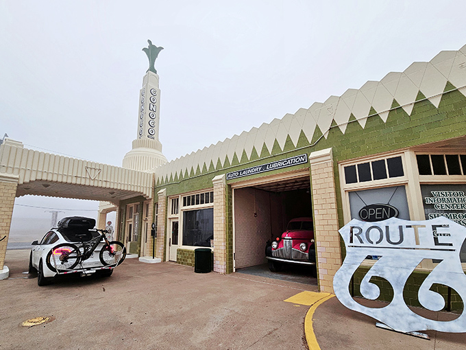 This perfectly preserved 1930s service station showcases the era when gas stations were designed to catch the eye of passing motorists.