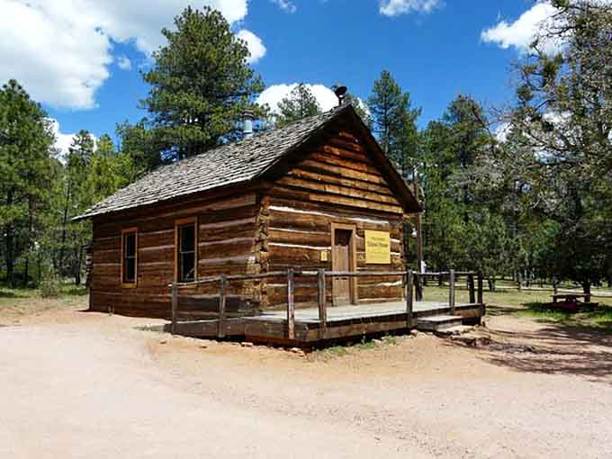 Pine forest cabin sits peacefully where Arizona's oldest schoolhouse reminds visitors of simpler times.