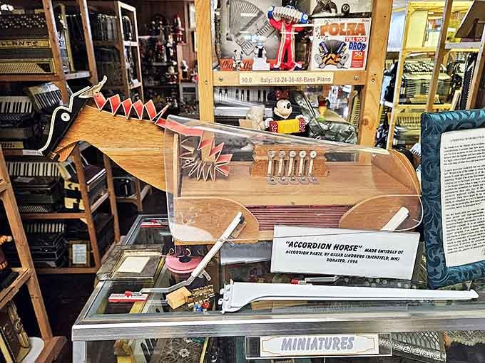 The "Accordion Horse" combines whimsy with craftsmanship&mdash;a wooden equine figure with a built-in accordion mechanism that delights visitors of all ages.