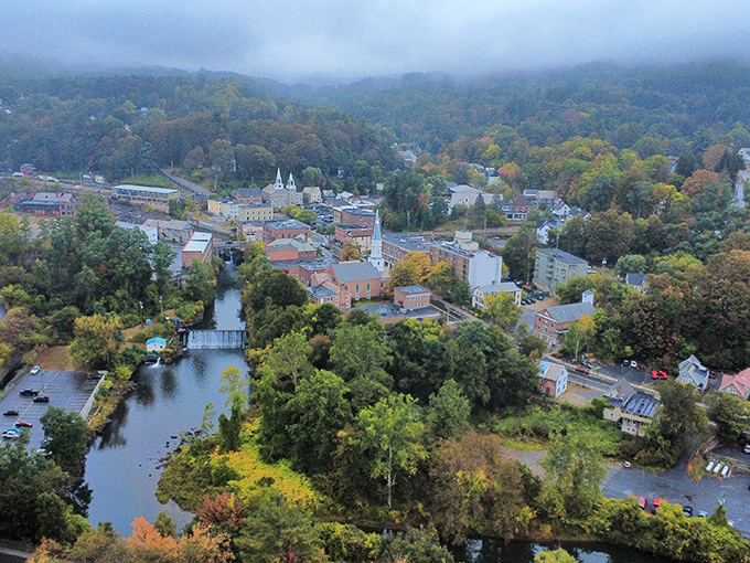 From above, Springfield reveals its secret, a perfect blend of nature and community nestled in Vermont's embrace.