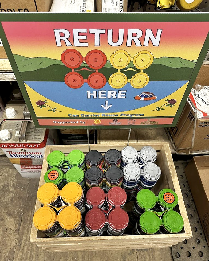 The colorful Can Carrier Reuse Program box encourages environmental responsibility while supporting local breweries and reducing waste.