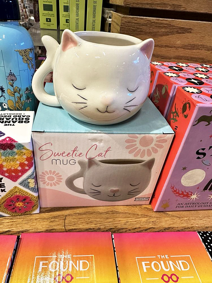 Whimsical gifts like this cat mug complement the book selection, offering perfect companions for cozy reading sessions with new literary finds.