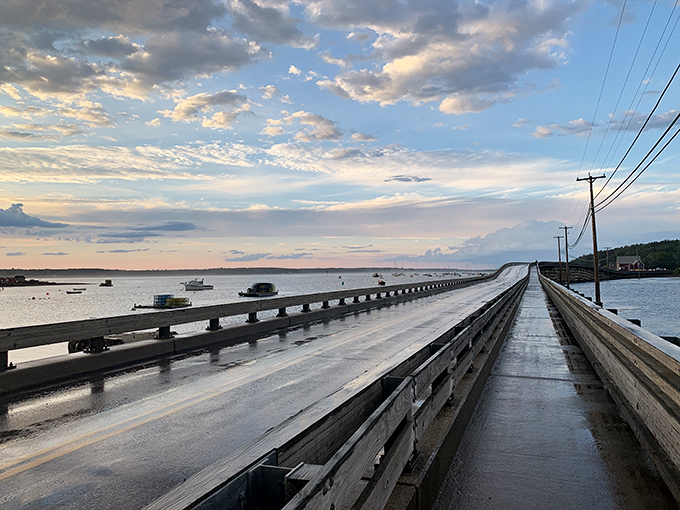 Walking path alongside the bridge offers pedestrians stunning views of Casco Bay's island-dotted seascape.