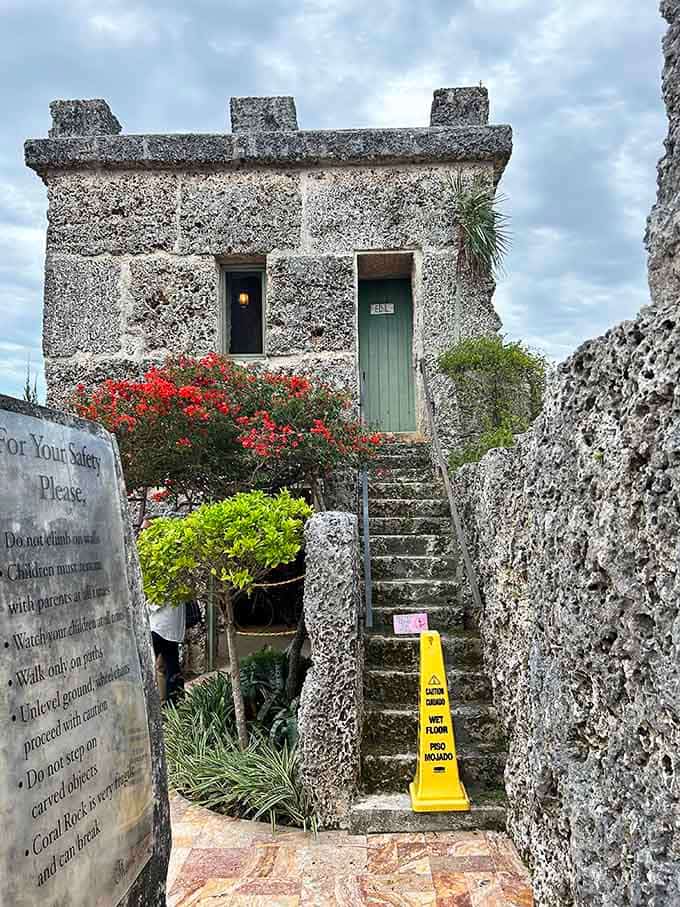 These stairs invite you to explore upper levels where the views reveal just how extensive this one-man construction project truly was.