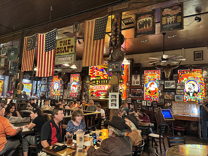 Diners enjoy the unique atmosphere where every meal comes with a side of Western lore and patriotic decor.
