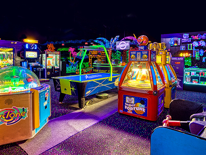 Where nostalgia glows neon: a technicolor playground of classic arcade games promising tickets, thrills, and childhood memories reborn.