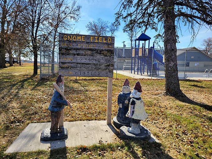 Gnome Field takes the mascot situation to its athletic conclusion, where local kids play under the watchful eyes of their bearded namesakes.
