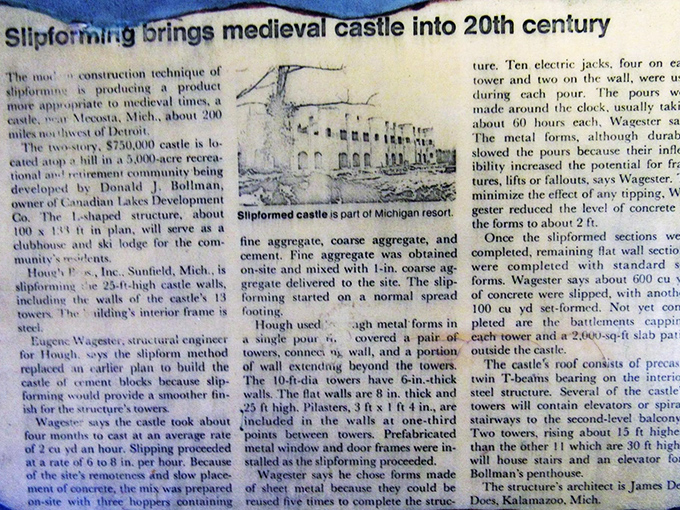 Newspaper clippings reveal the innovative slipforming technique that brought medieval aesthetics into the modern era &ndash; concrete magic in action.