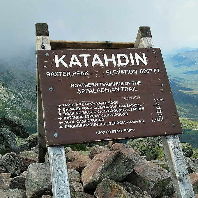 The Katahdin sign: Maine's version of a summit selfie station since long before selfies were even a thing.