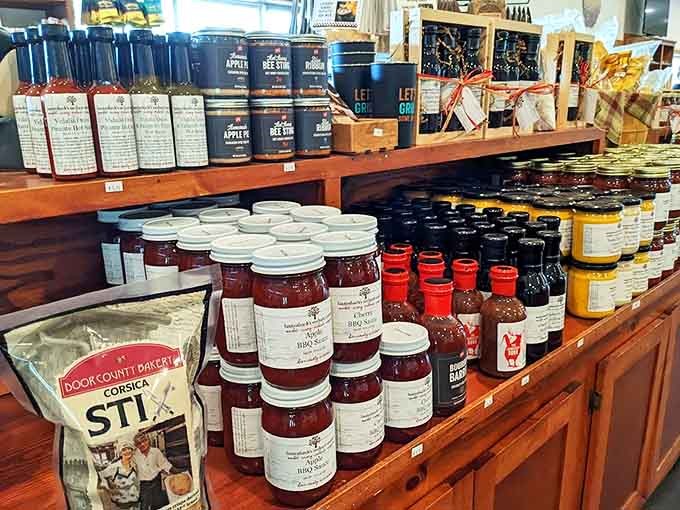 Jams, sauces, and local specialties create a colorful display that makes grocery store shelves look downright boring by comparison.