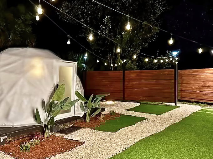 Evening transforms this glamping paradise into a twinkling wonderland &ndash; like Christmas lights decided to vacation in Florida year-round.