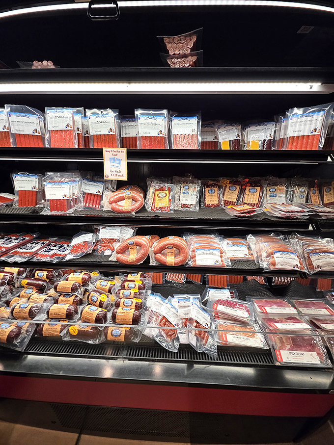 The meat section offers perfect protein companions for your cheese selections. These aren't just sausages – they're supporting actors in your snacking drama.