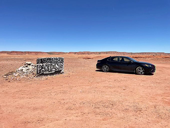 "Dinosaur Tracks Parking" &ndash; perhaps the most understated sign for one of nature's most remarkable time capsules.