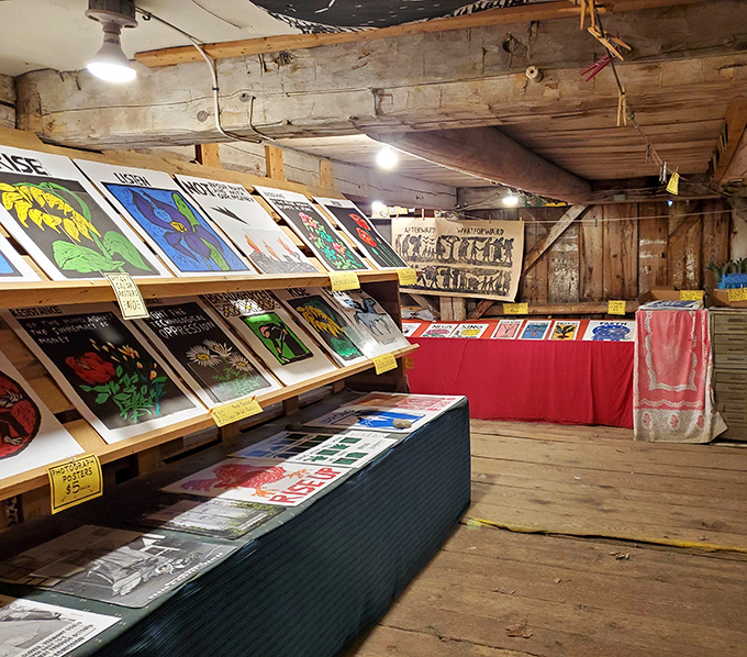 The print shop displays affordable art manifestos and handmade posters, because revolution should be accessible to everyone's budget.
