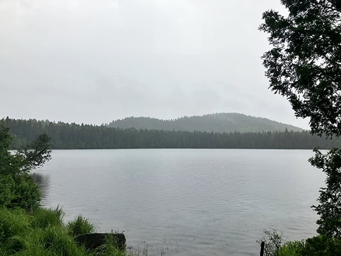 Misty mountains frame this serene lake scene – the perfect spot for contemplating life's big questions or just enjoying the silence.