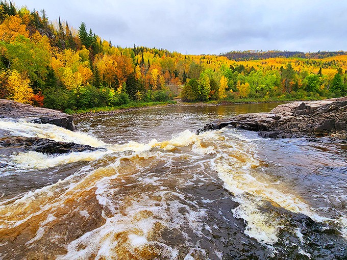 Autumn's golden touch transforms these rushing rapids into a champagne-colored spectacle that would make any painter jealous.