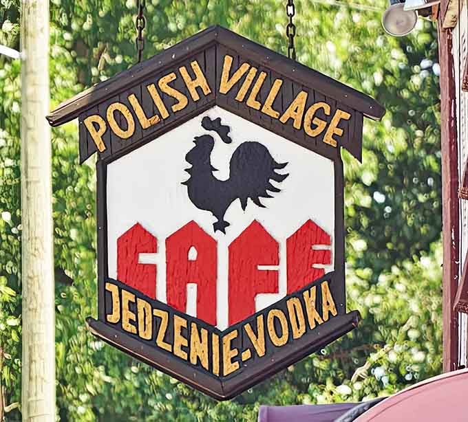 The iconic Polish Village sign promises "Jedzenie-Vodka" (Food-Vodka) &ndash; perhaps the most honest restaurant advertising ever created.