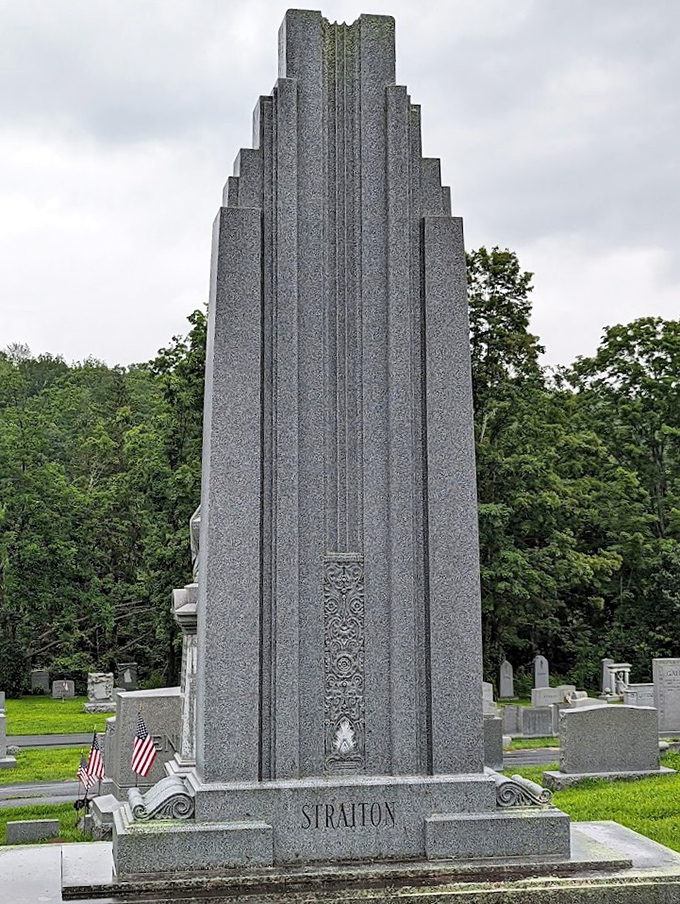 Scraping the cemetery sky, this Art Deco Stratton monument brings Manhattan skyscraper elegance to Vermont's granite showcase.