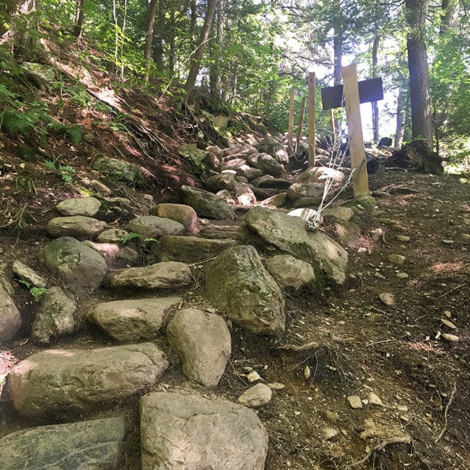 Stone steps carved into the trail show that even nature occasionally needs a little help from humans to make adventures accessible without requiring mountaineering equipment.