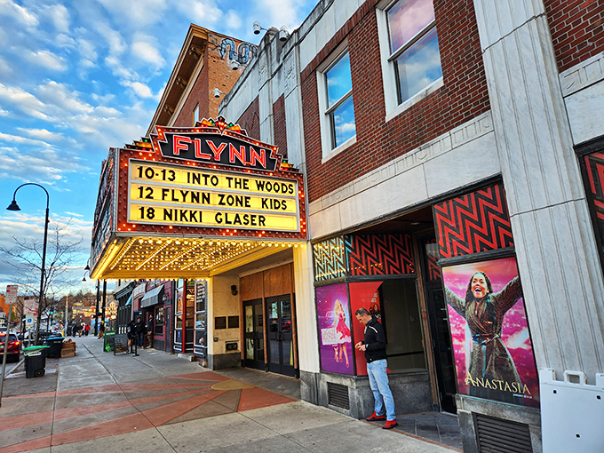 The Flynn's vintage marquee lights up downtown evenings, promising cultural delights inside this lovingly preserved Art Deco treasure.