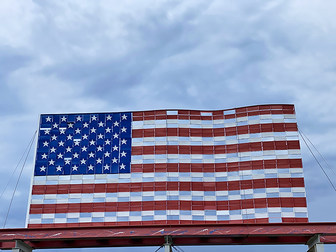 Old Glory gets supersized in this patriotic installation, with painted metal panels creating a flag visible from impressive distances.