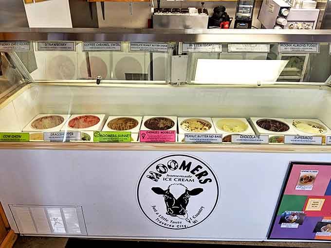 The display case showcases a rainbow of flavors, each one more tempting than the last, making decisions nearly impossible.