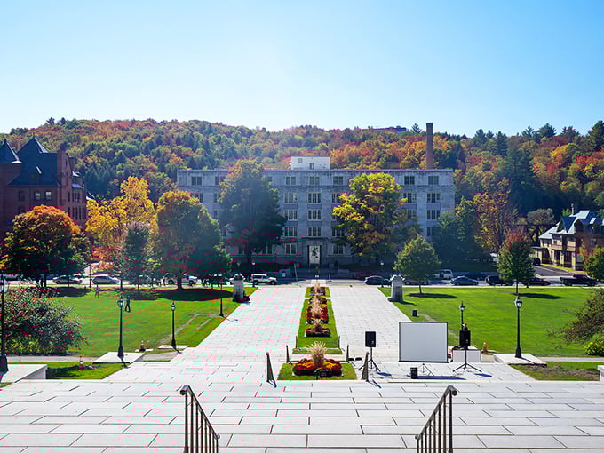 This stunning view from the capitol steps reveals Montpelier's perfect proportions &ndash; a walkable downtown nestled against Vermont's autumn splendor.