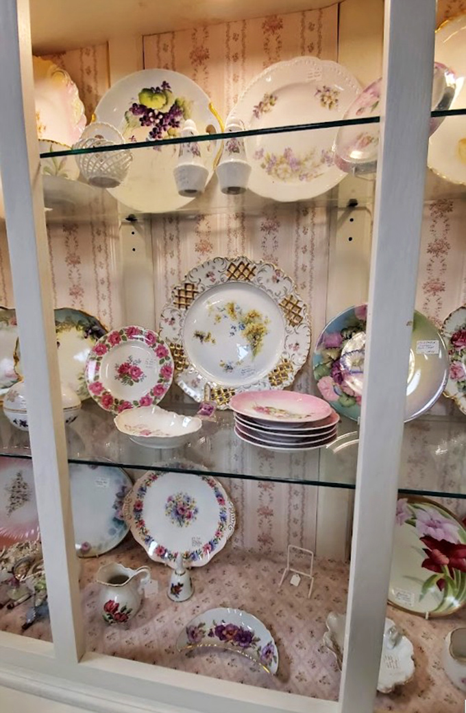 Grandmother's china cabinet reimagined! These floral plates have served everything from Sunday roasts to midnight snacks across generations of Michigan families.