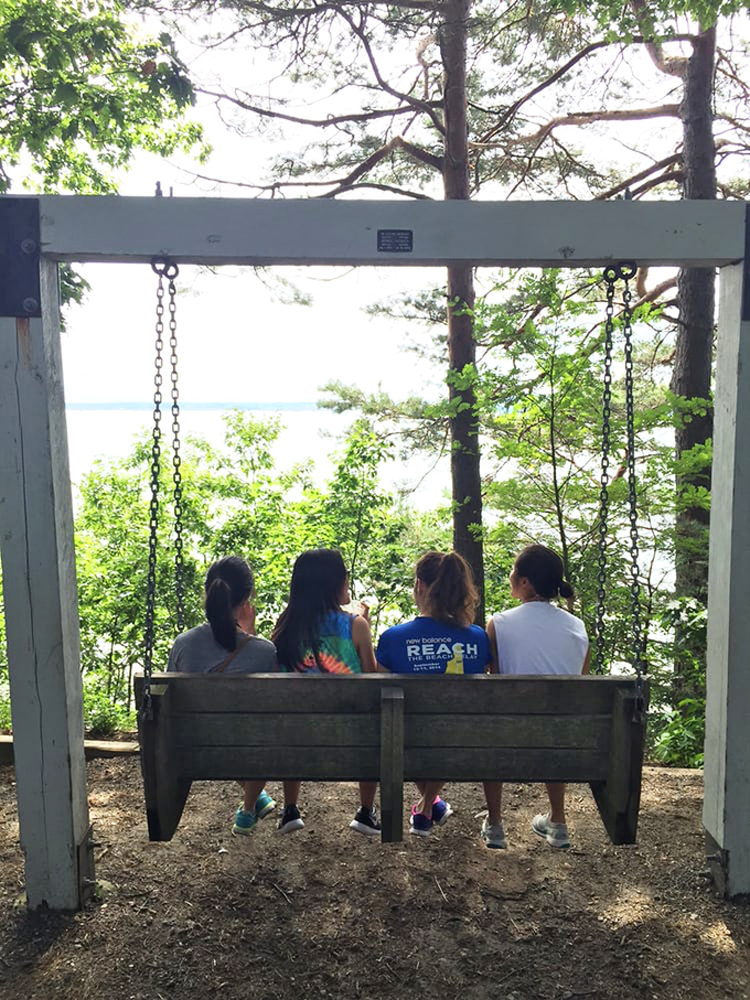 The swing overlooking the water offers a moment of contemplation, where visitors can ponder the tiny worlds they've just explored.