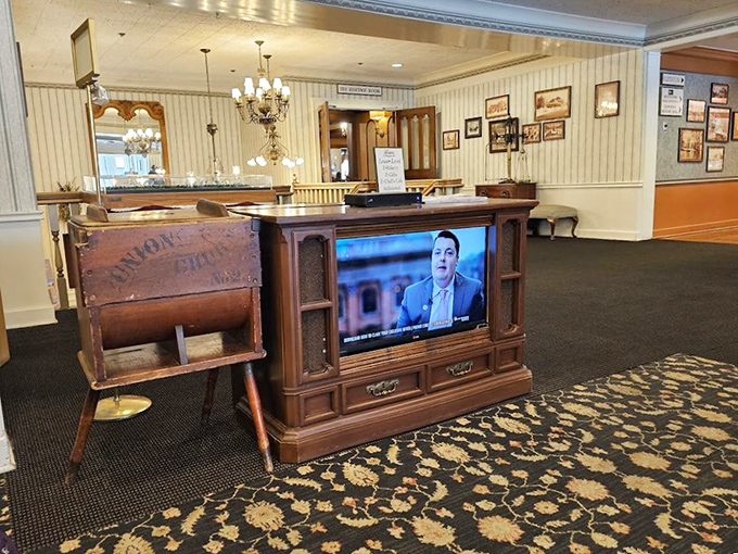 Vintage charm meets modern comfort in the lobby, where hungry guests await their turn to experience the chicken dinner that's worth every minute of waiting.