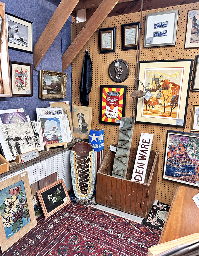 Art and artifacts create a visual feast on pegboard walls, where Campbell's soup meets maritime paintings in delightful, unexpected juxtaposition.