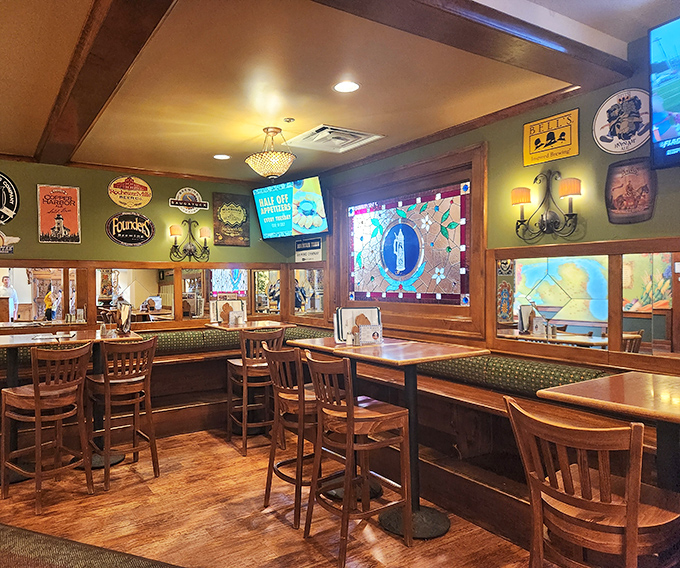 Cozy corners and warm wood create intimate dining spaces where conversations flow as freely as the German beer.