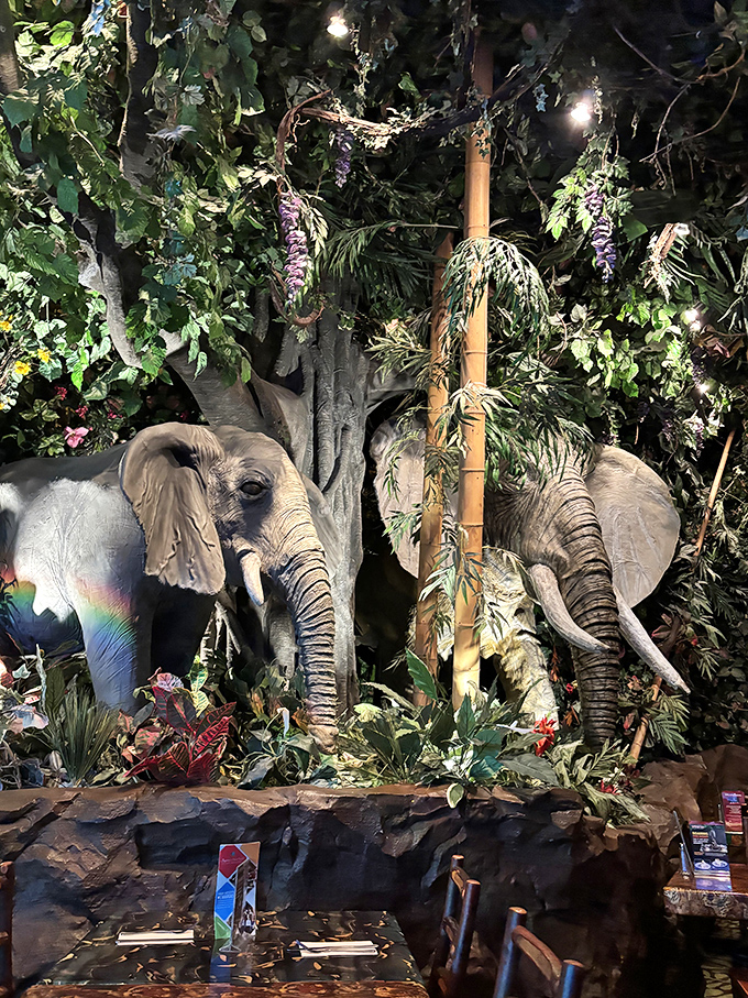 The impressive elephant display creates a focal point in the dining area, with realistic details that make you momentarily forget you're in a restaurant.