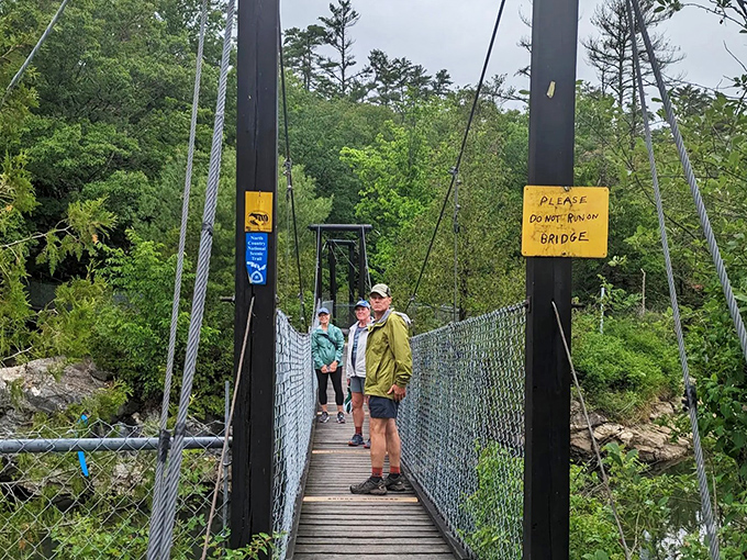 Hikers pause on the suspension bridge, experiencing that magical moment when solid ground gives way to gentle swaying adventure.