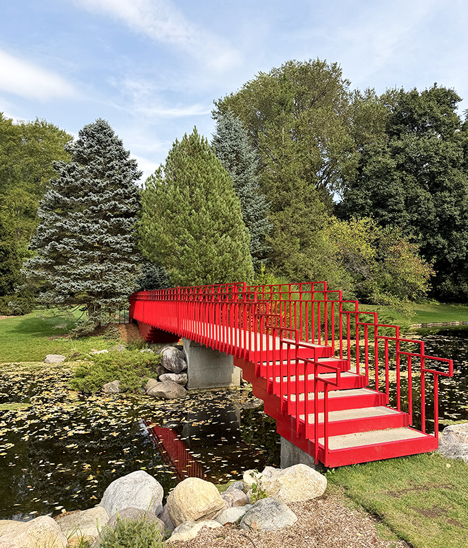 Iconic red bridge: Monet would approve of this crimson crossing, where lily pads float like green dinner plates awaiting aquatic guests.