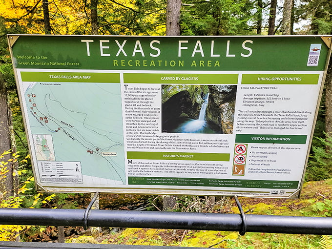 The recreation area&rsquo;s welcome sign offers helpful maps and details for exploring this scenic Vermont waterfall.