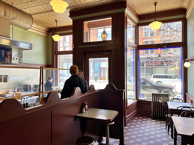 Large windows flood the space with natural light while you enjoy your meal in this historic setting.