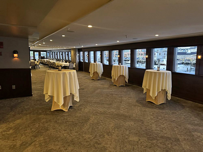 The spacious event room awaits special celebrations &ndash; imagine toasting anniversaries while floating on Casco Bay.