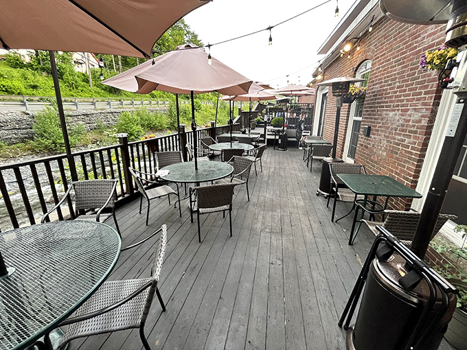 The outdoor deck offers front-row seats to nature's continuous performance, where Wilton Stream provides both scenery and soundtrack for memorable meals.