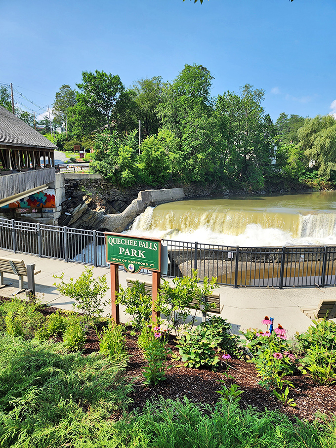 Quechee Falls Park welcomes visitors with its perfect vantage point of the falls, where water tumbles in perpetual motion.
