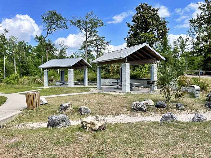 Picnic perfection: These shelters offer shaded respite for when hunger strikes, proving even paradise is better with a sandwich in hand.