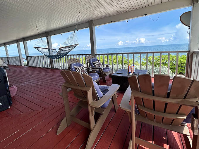 Porch perfection: Where Adirondack chairs become front-row seats to nature's greatest show, running continuously from sunrise to starlight.