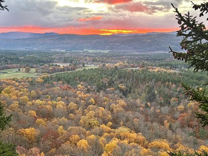 Autumn's grand finale: Vermont's famous fall foliage creates a breathtaking tapestry of color that transforms ordinary views into extraordinary memories.
