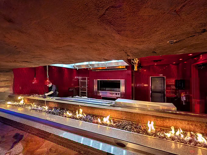 Chefs work their culinary magic behind a fiery display that mimics the primordial forces that shaped our planet &ndash; dinner and a geology lesson!