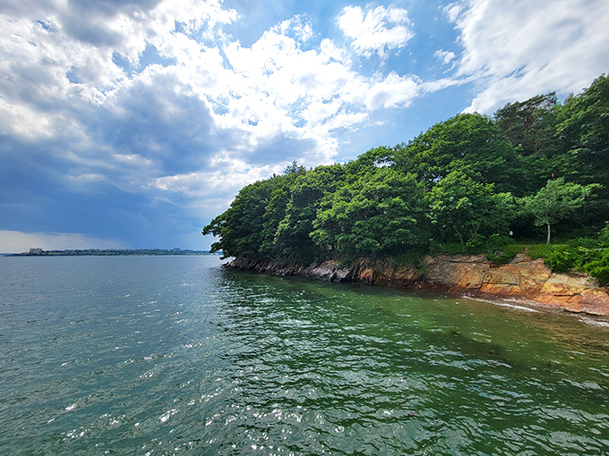 Emerald waters meet rocky shores beneath dramatic skies—Maine's coastline showing off its photogenic best.