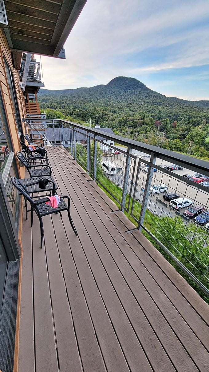 Step onto your balcony for a breath of mountain air between water adventures &ndash; Vermont's natural beauty is always just outside your door.