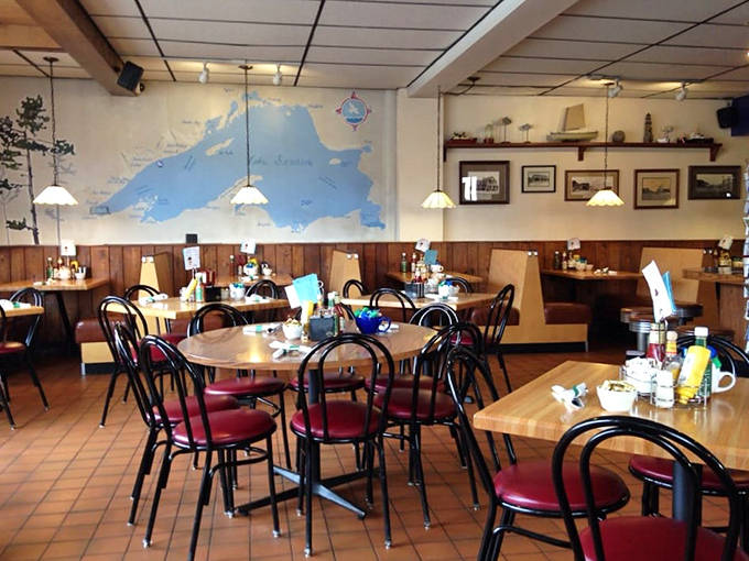 Lake Superior dominates the wall map, reminding diners of the powerful presence just outside that shapes life in this harbor town.