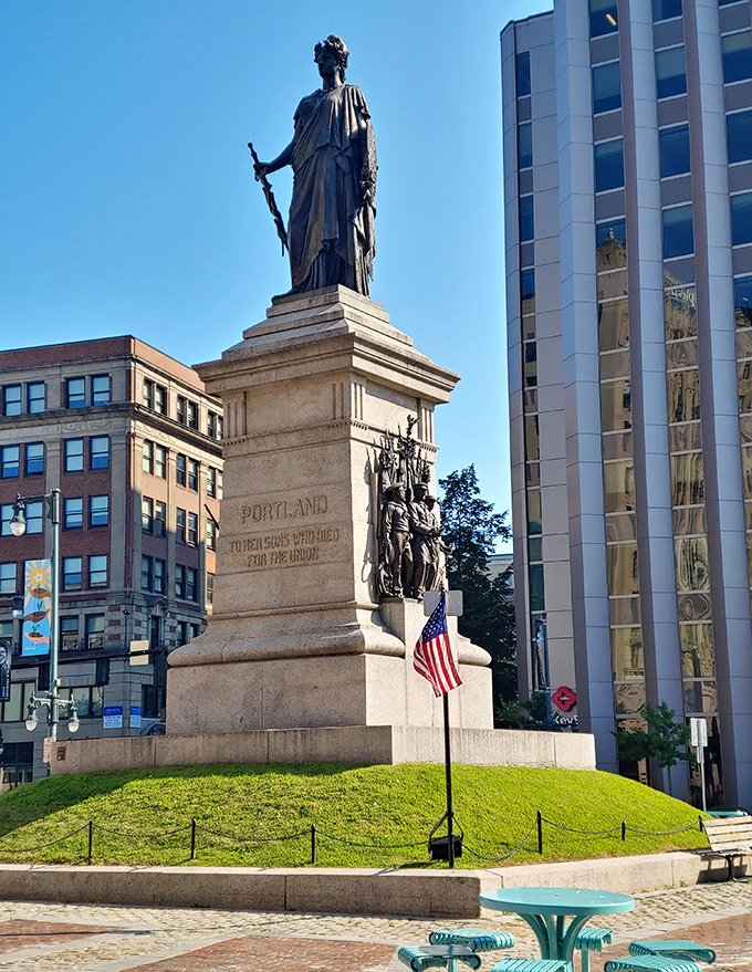 This impressive monument anchors a small urban park, offering a quiet moment of reflection amid Portland's bustling downtown.