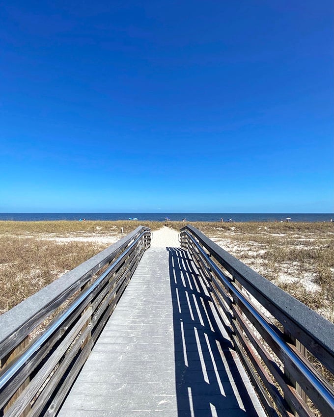 The distinctive red and white Carrabelle Lighthouse stands tall among the pines, a colorful contrast to its surroundings.